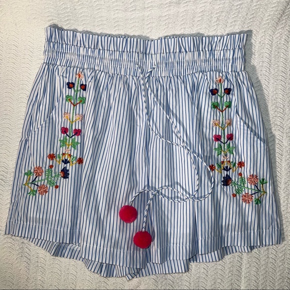 hazel | Shorts | Hazel Floral Embroidered Blue And White Striped Cotton ...